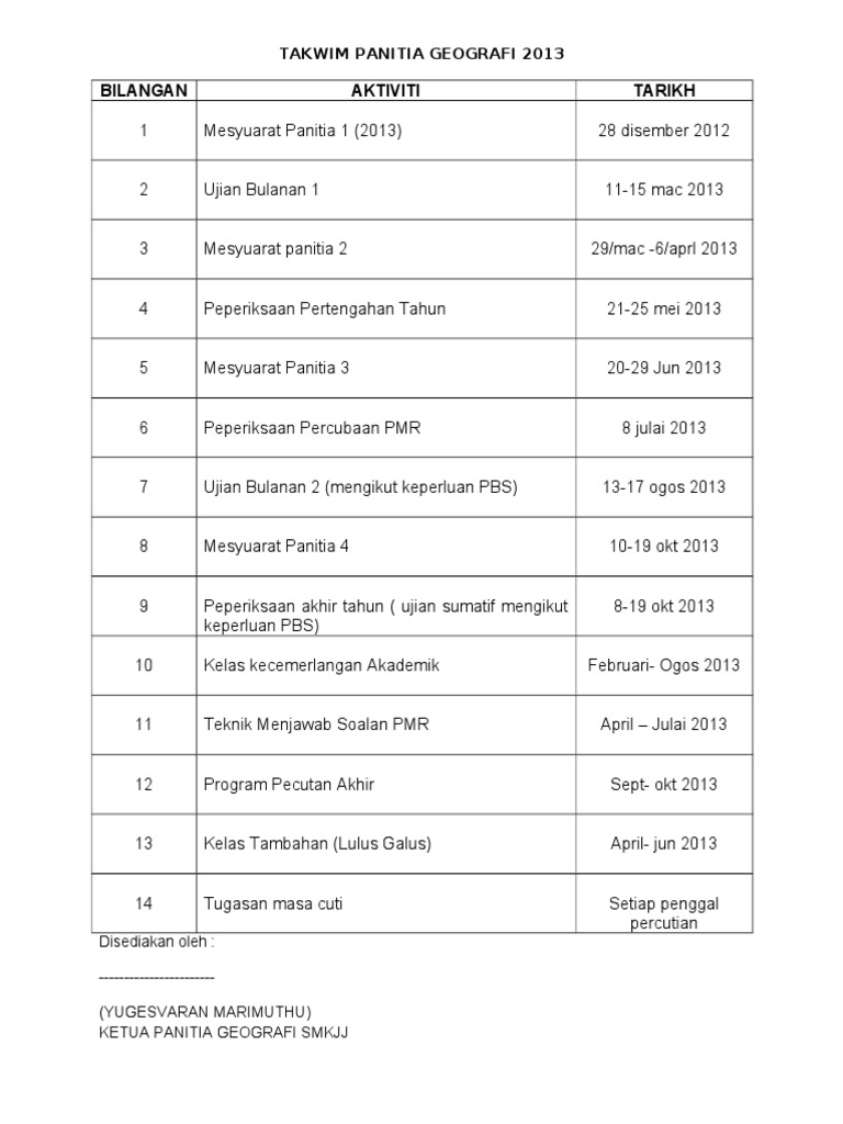 Takwim Panitia Geografi 2013 | PDF