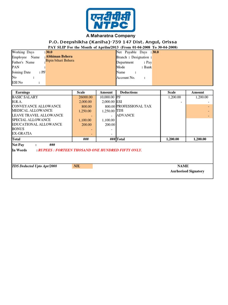 NTPC Salary Slip for April 2013 | PDF