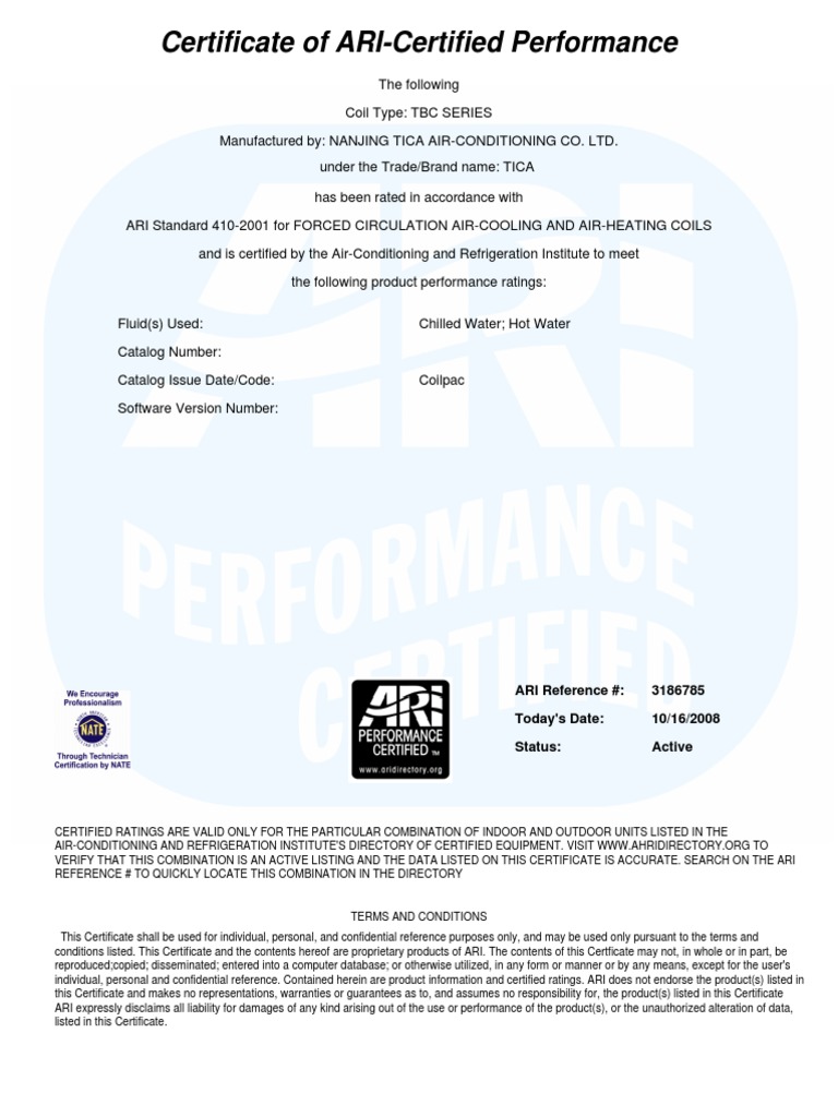 Certificate of ARI-Certified Performance: ARI Reference #: Today's Date ...