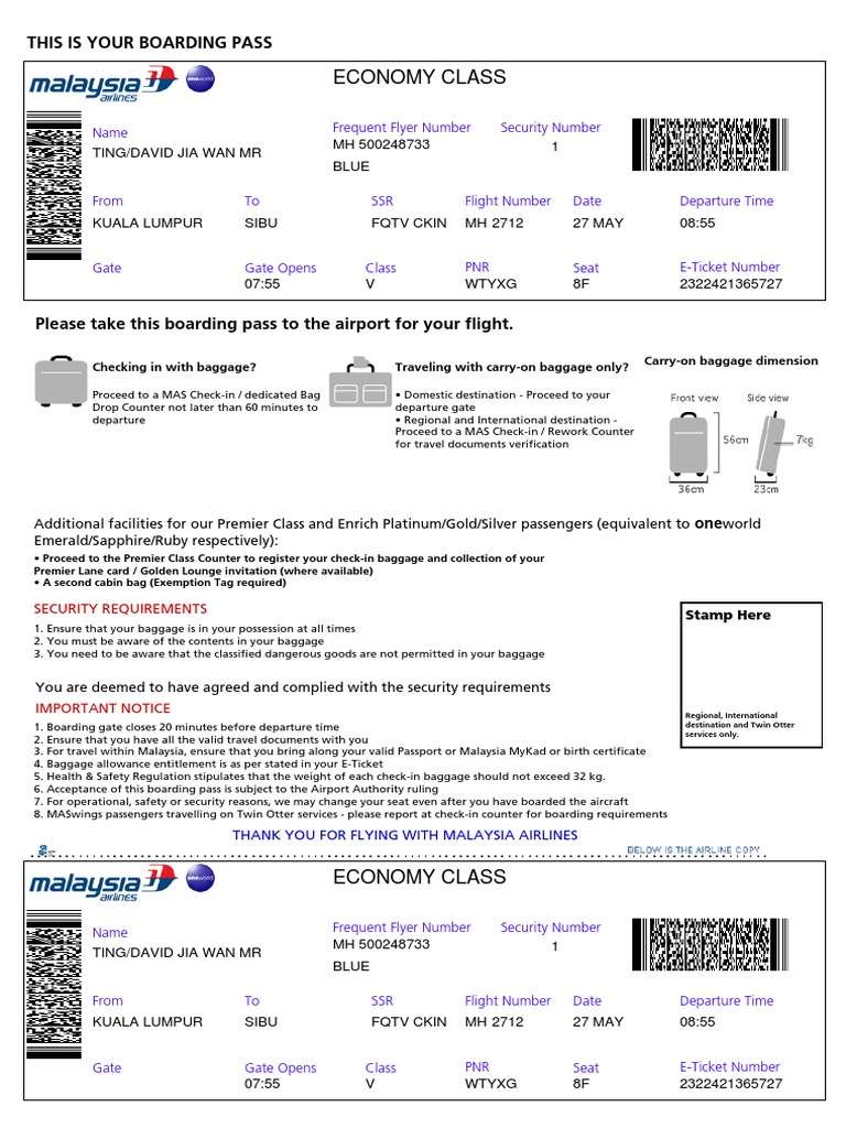 Malaysia Airlines (MAS) Sample Boarding Pass | PDF | Airlines | Aviation