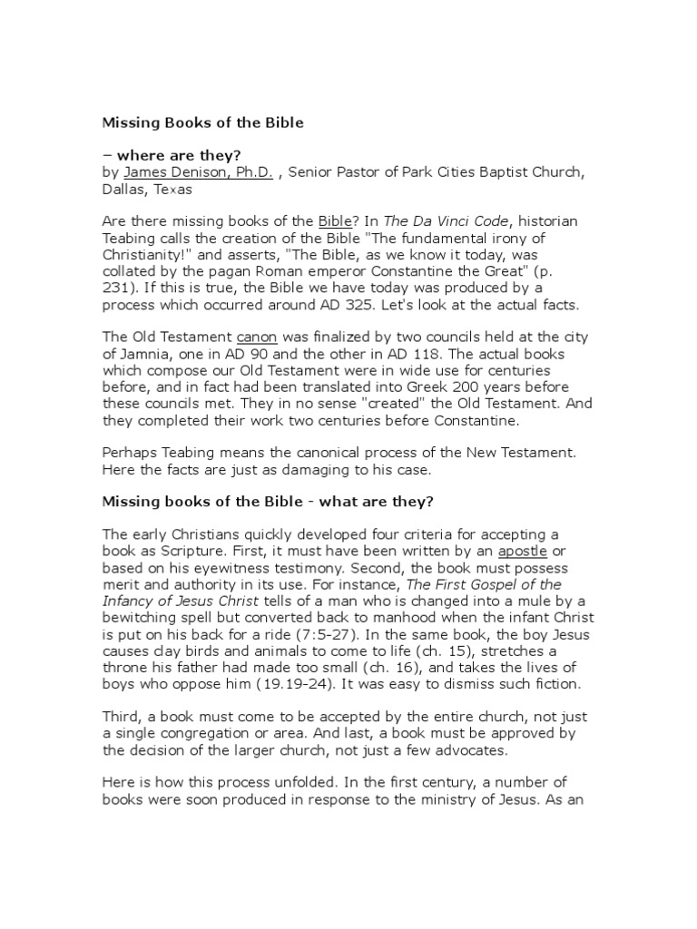 Missing Books of The Bible | PDF | Gospels | Biblical Canon