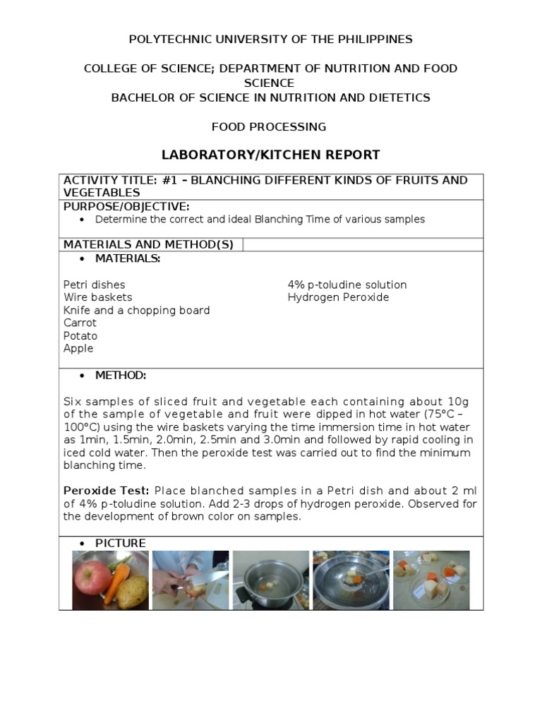 Laboratory Report #1 - Blanching of Foods | PDF | Vegetables | Foods