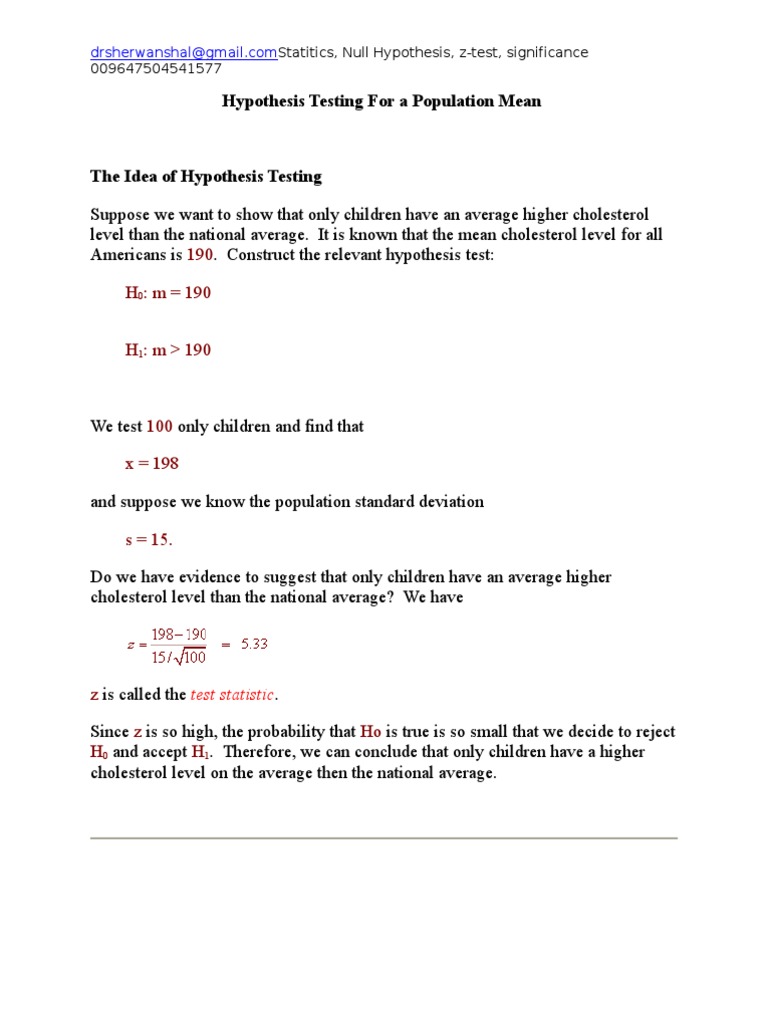 Null Hypothesis, Statistics, Z-Test, Significance | PDF | Statistical ...