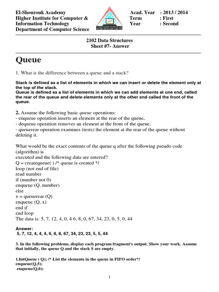 DS Sheet#7Ans | PDF | Queue (Abstract Data Type) | Algorithms And Data ...