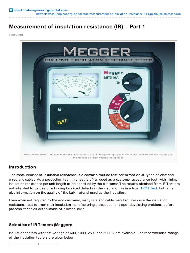 Measurement of Insulation Resistance IR Part 1 | PDF | Insulator ...