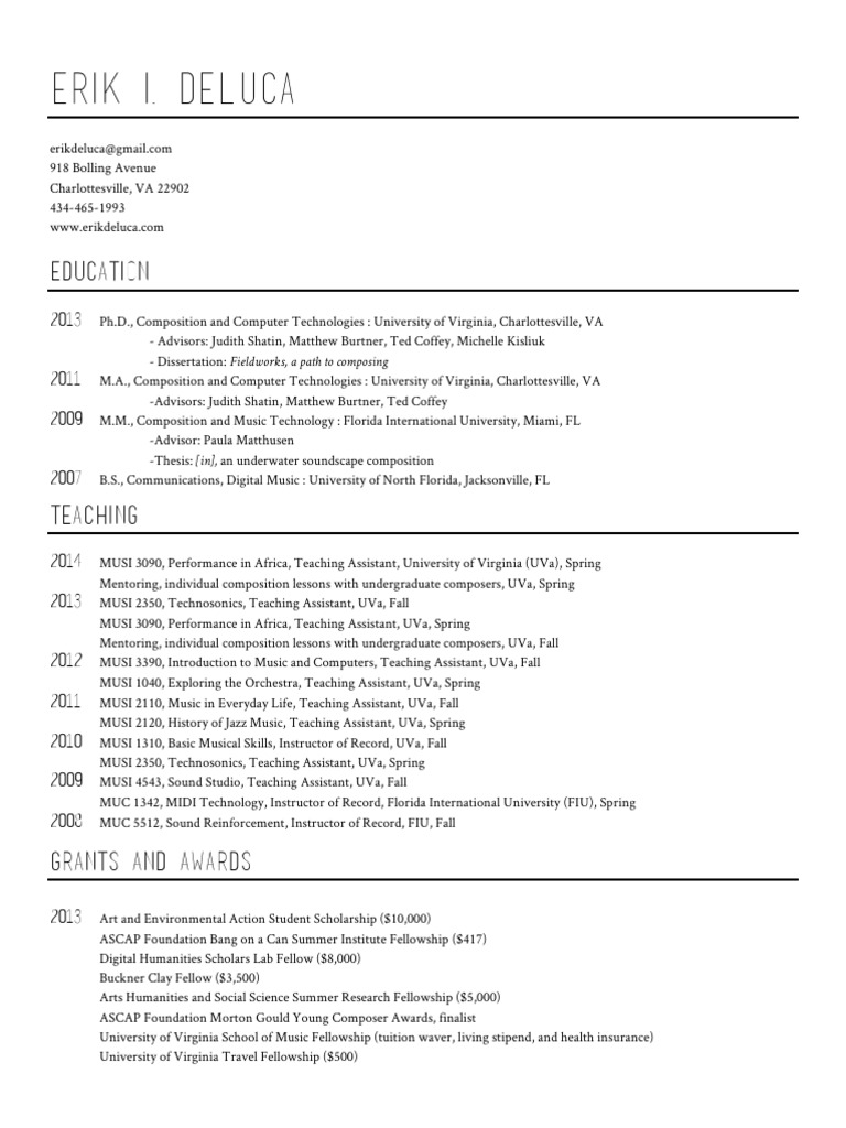 DeLuca CV | PDF | Quartet | University Of Virginia