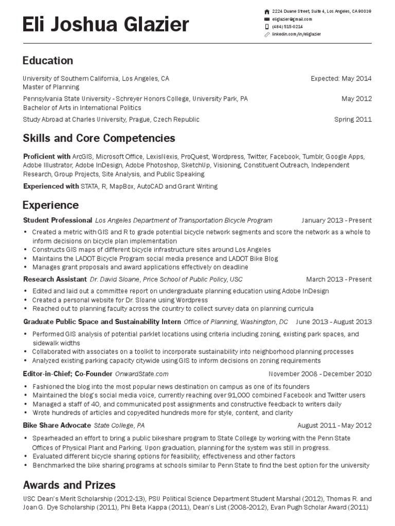 Eli Glazier Resume 1-2-2014 | University Of Southern California ...