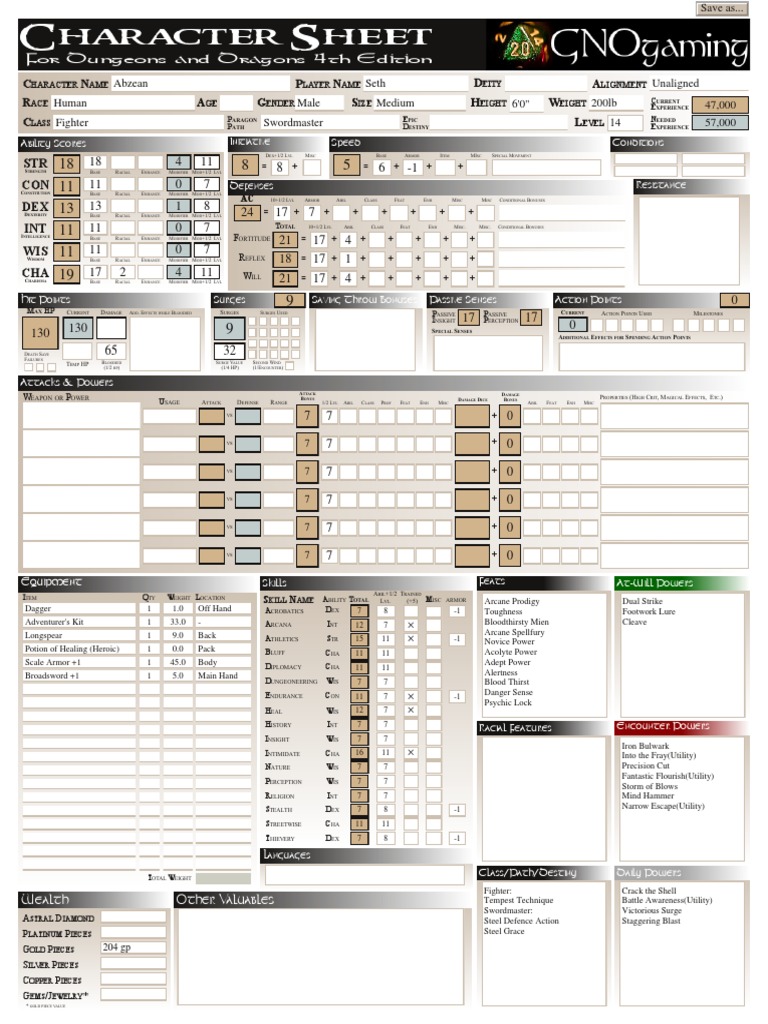 D&D 4e Character Sheet | PDF | Tabletop Games | Fantasy Games