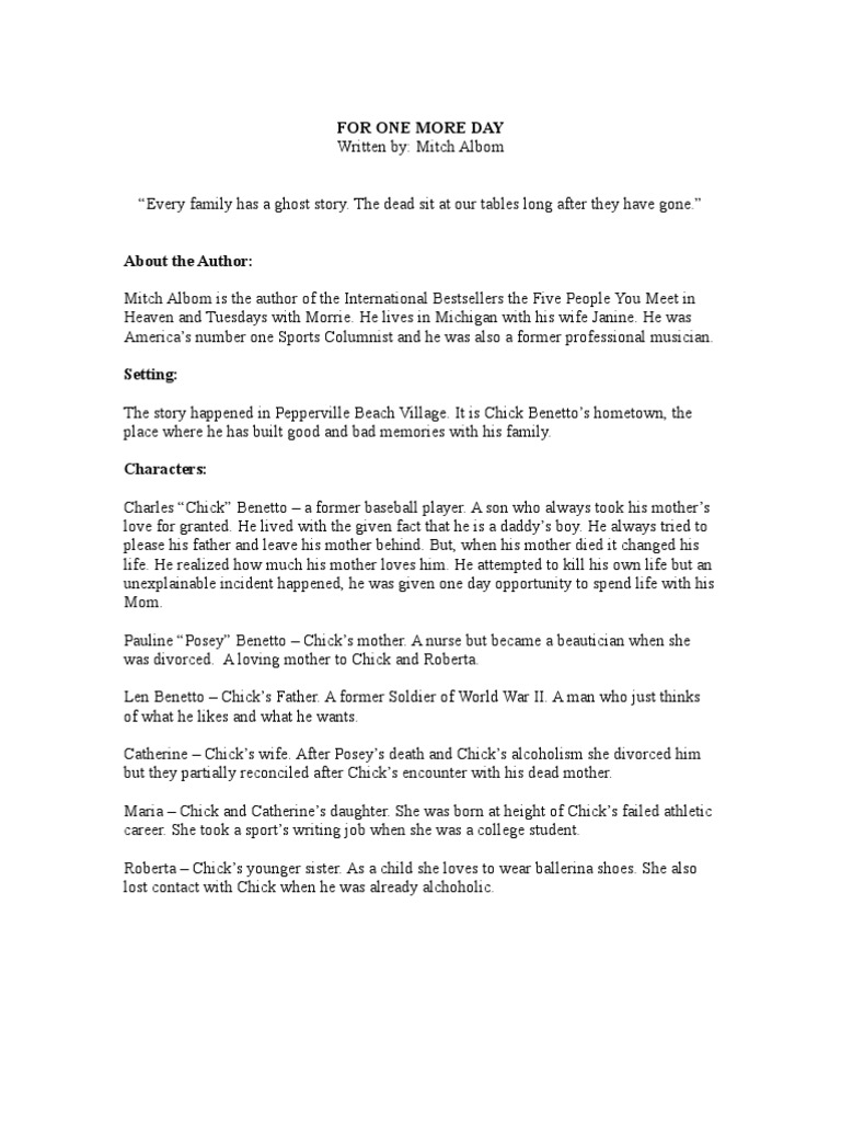 For One More Day Book Analysis and Review | PDF