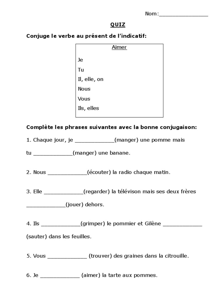 French Regular ERVerb Conjugation Quiz Present Tense Core French ...
