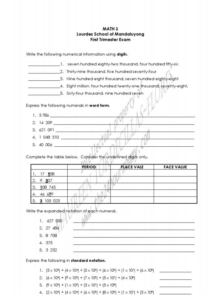 LSM Grade 3 Math 1st Trim Exam SY 2009-2010 | PDF | Mathematical ...