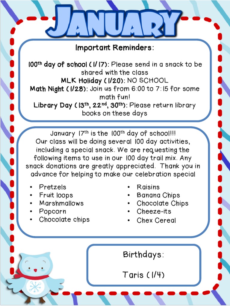 January School Events & Reminders | PDF | Cooking, Food & Wine