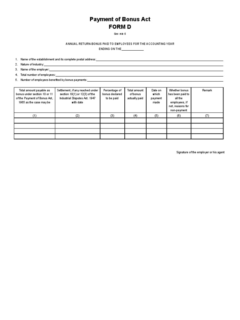 Form D,Annual Return Under Payement of Bonus Act | Payments | Employment