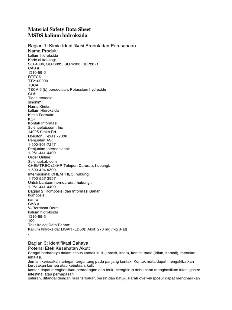 Material Safety Data Sheet KOH | PDF