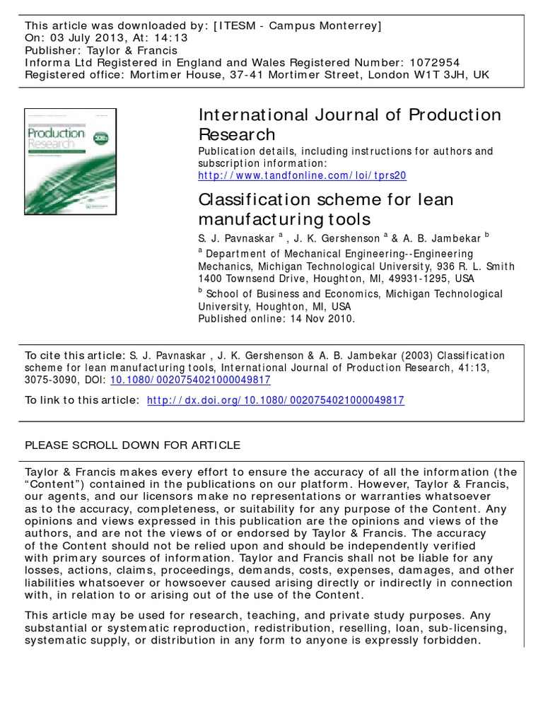 Classification Scheme For Lean Manufacturing Tools | PDF | Lean Manufacturing | Inventory