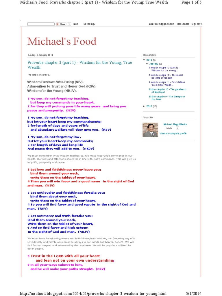 Michael's Food: Proverbs Chapter 3 (Part 1) - Wisdom For The Young True ...