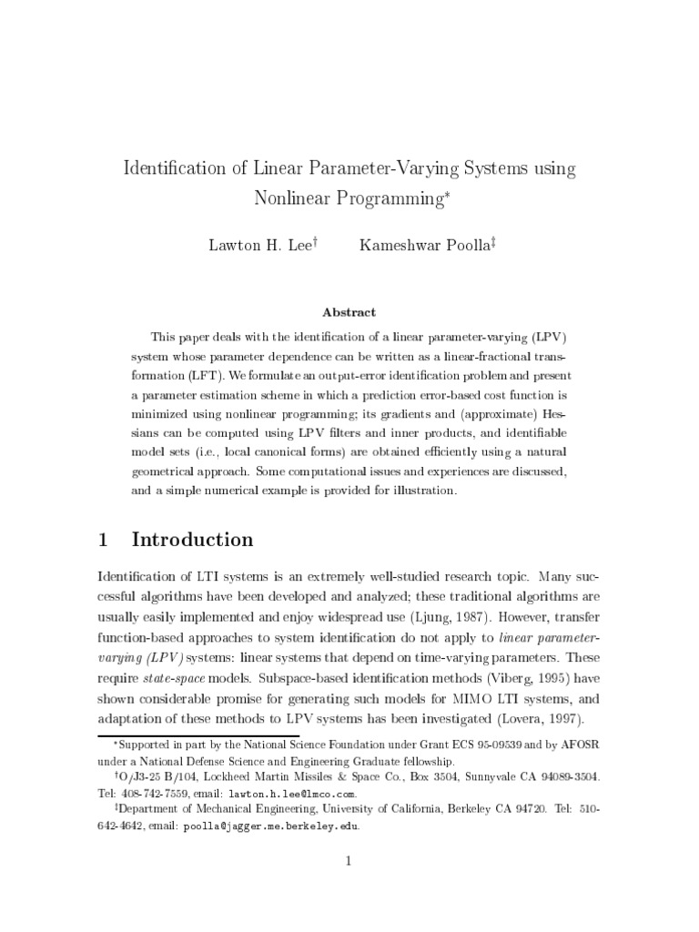 Identication Of Linear Parameter Varying Systems Using Nonlinear Programming Pdf