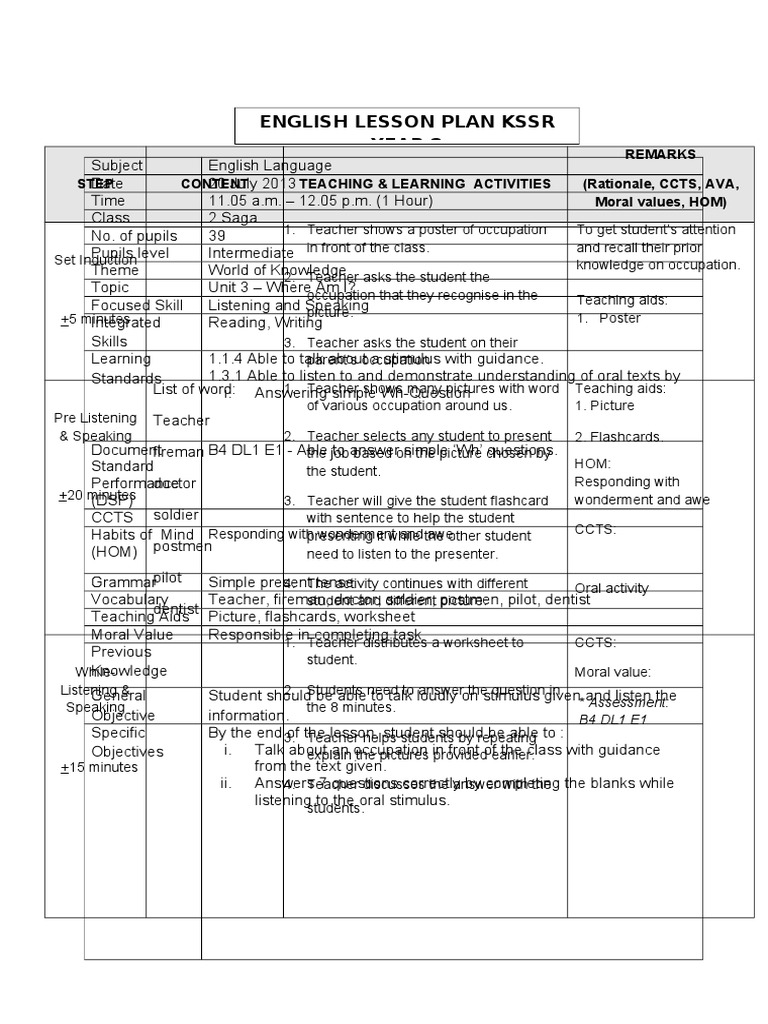 English Lesson Plan on Careers and Occupations for Year 2 Students ...