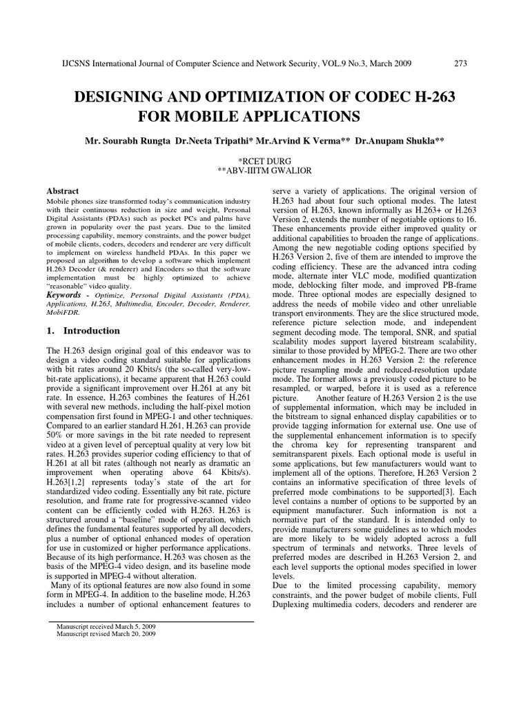 Designing and Optimization of Codec H-263 For Mobile Applications | PDF | Data Compression | Codec