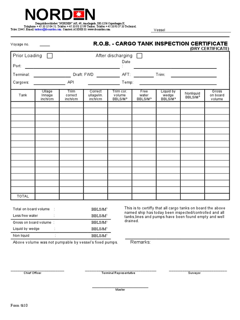 Doc-10 Dry Tank Certificate | PDF