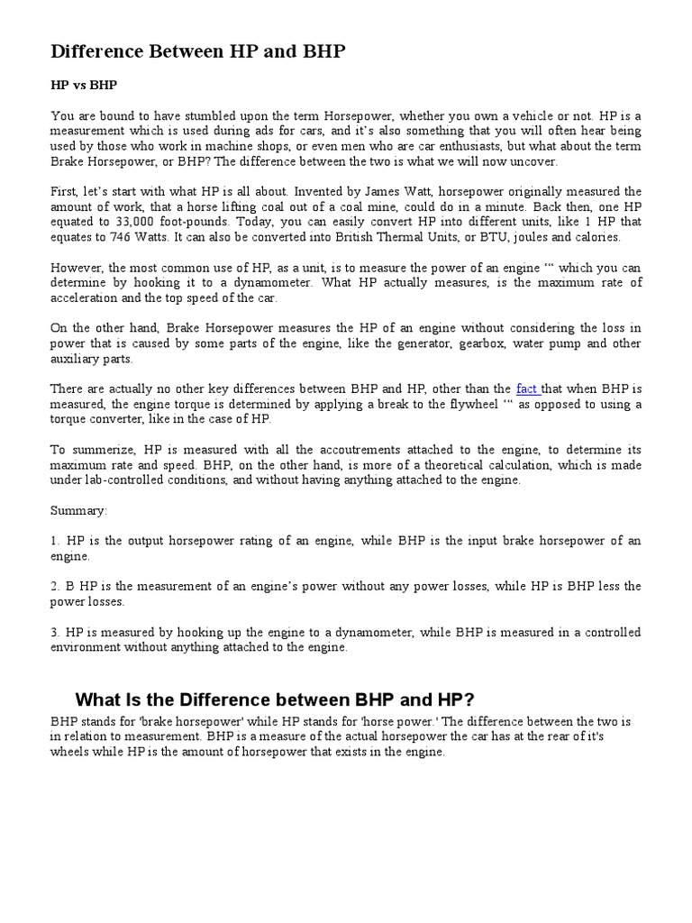 Difference Between HP and BHP | PDF | Horsepower | Vehicle Technology