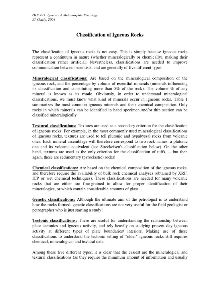 Classification of Igneous Rocks | PDF | Igneous Rock | Rock (Geology)