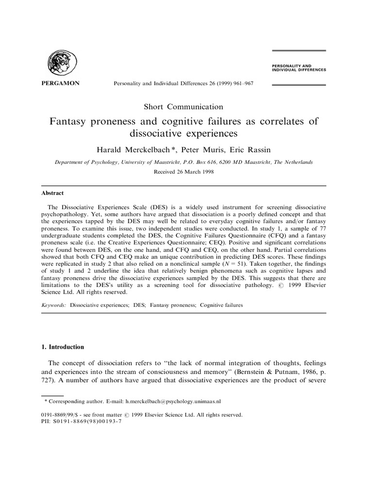Fantasy Proneness and Cognitive Failures As Correlates of Dissociative ...
