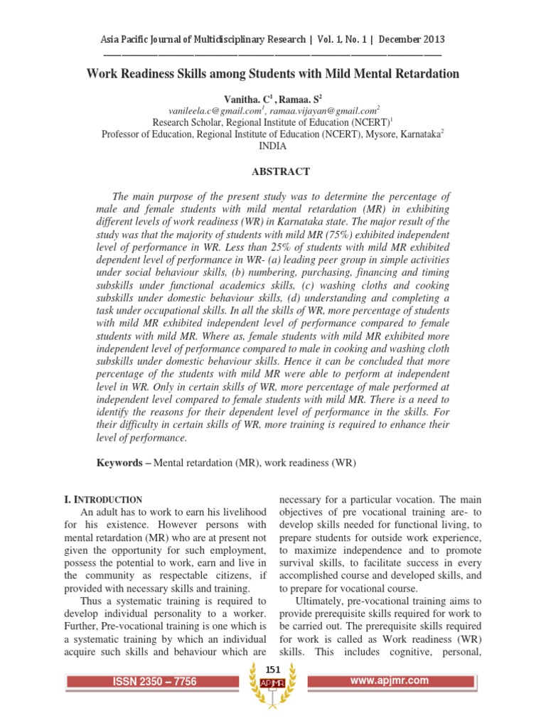 Work Readiness Skills Among Students With Mild Mental Retardation | PDF ...