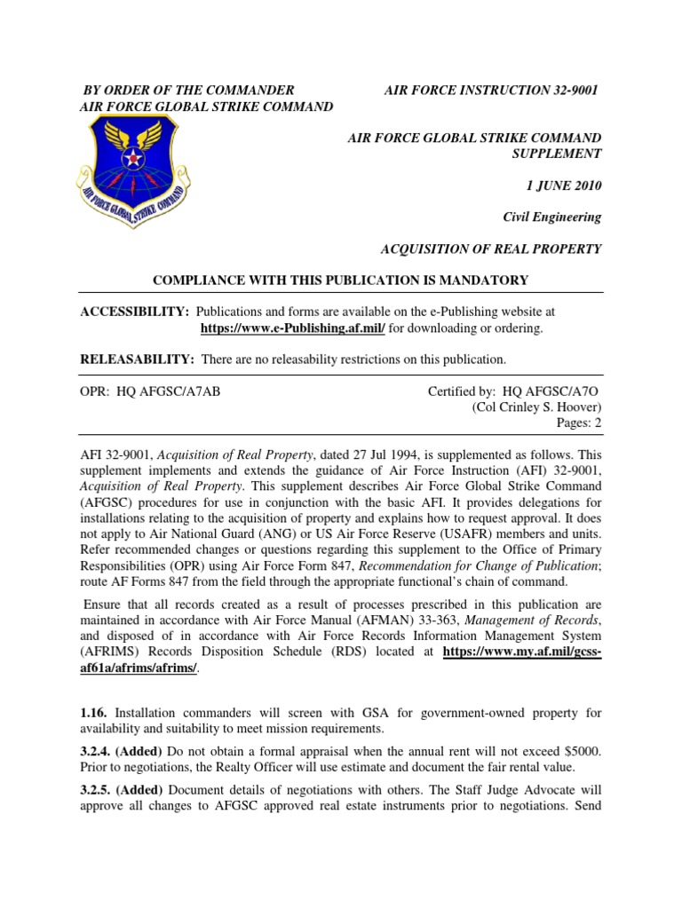 AFI 32-9001 (Acquisition of Real Property) | PDF | Air Forces | Real ...
