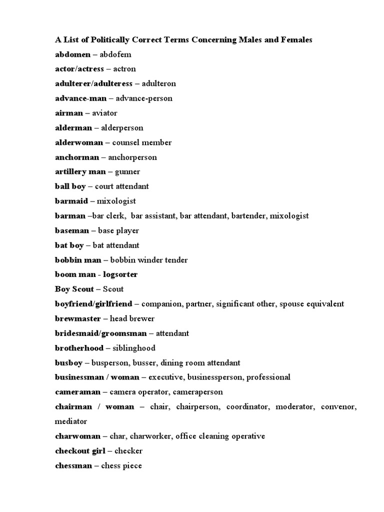 A List of Politically Correct Terms Concerning Males and Females