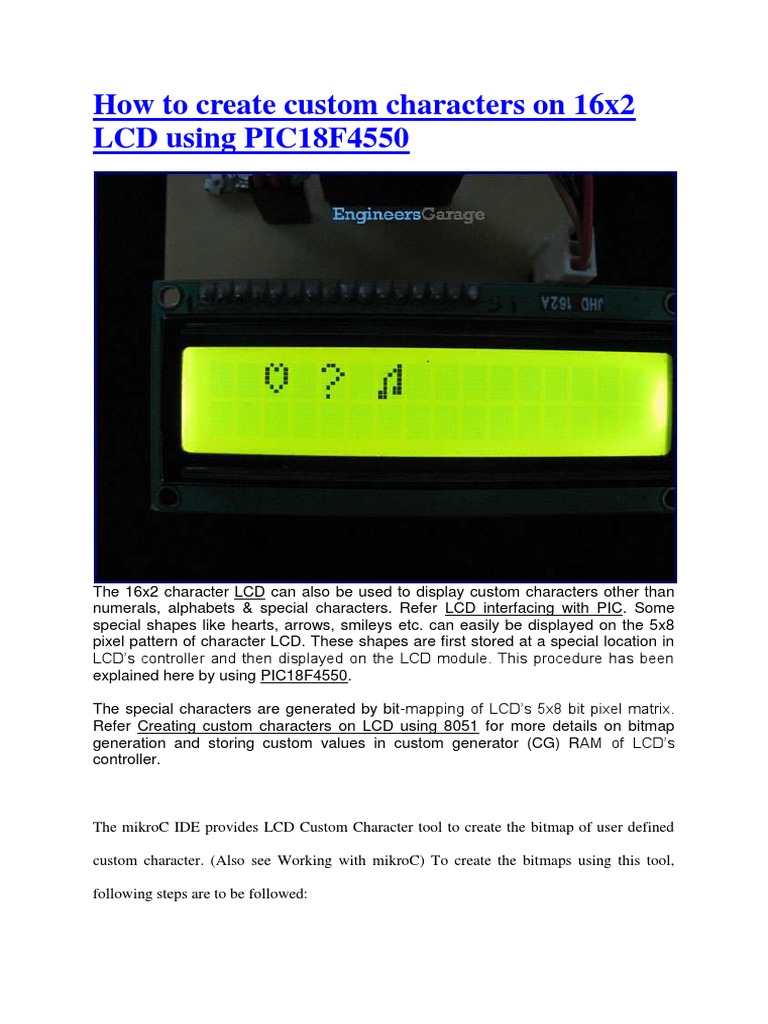 How To Create Custom Characters On 16x2 LCD Using PIC18F4550 | PDF | Liquid Crystal Display ...