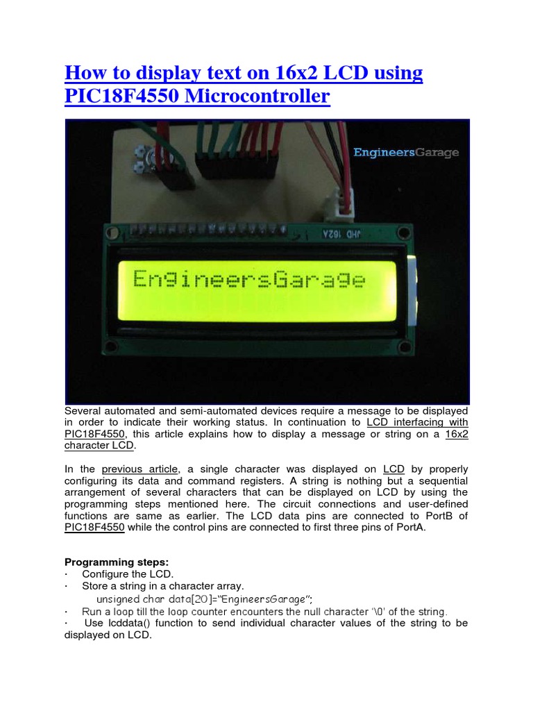 Displaying Text on 16x2 LCD with PIC18F4550 | PDF | Computers