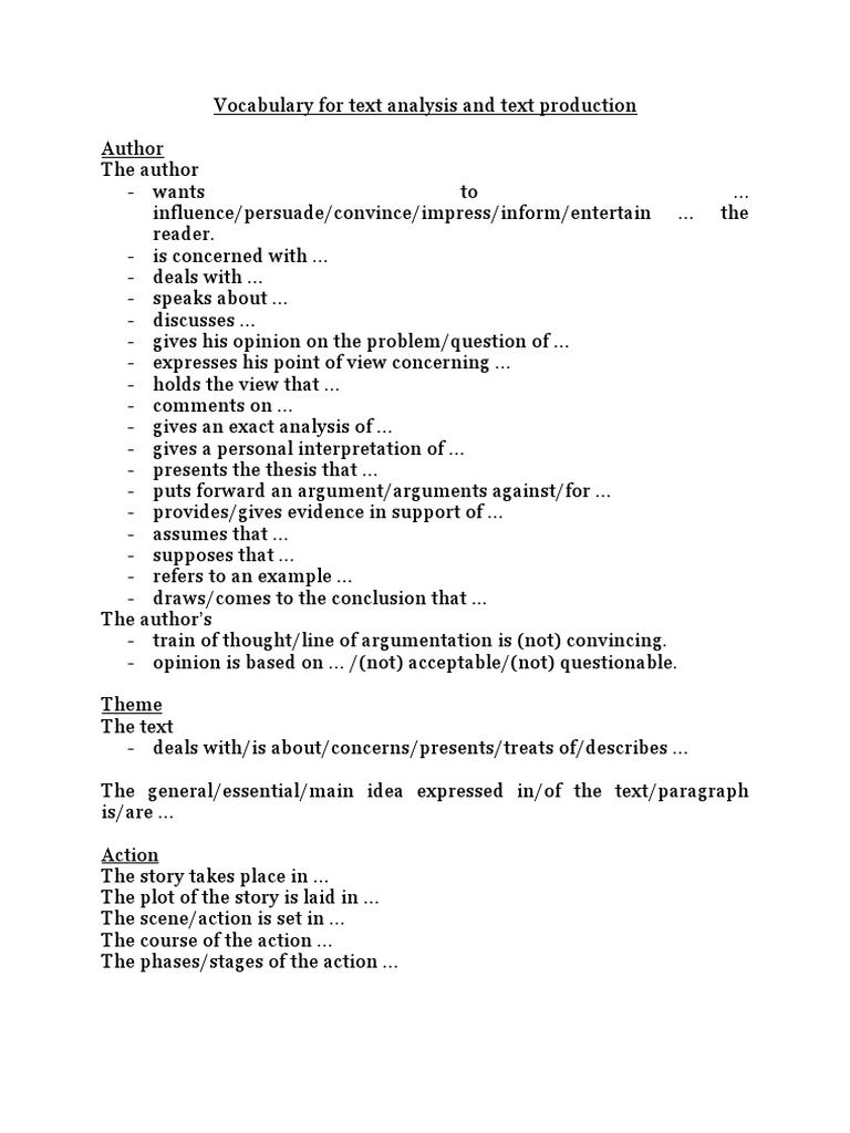 Vocabulary For Text Analysis and Text Production | PDF | Ellipsis ...