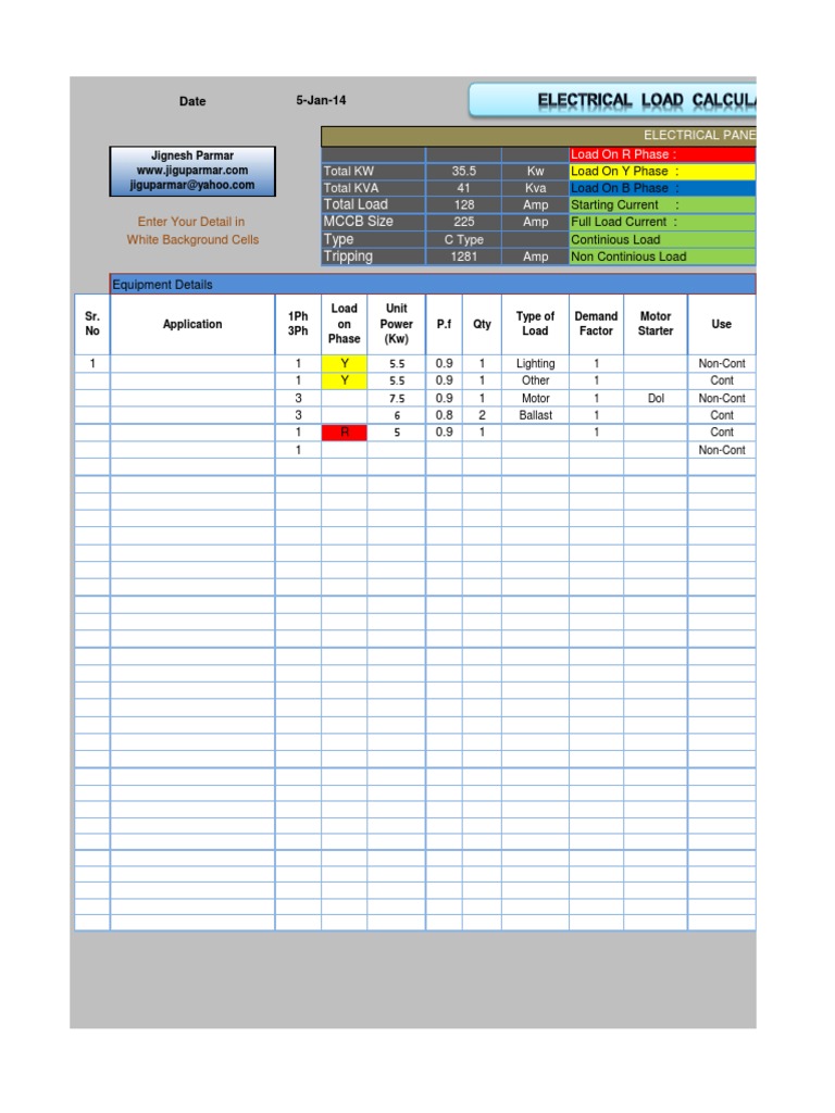 Commercial Electrical Load Calculation Form