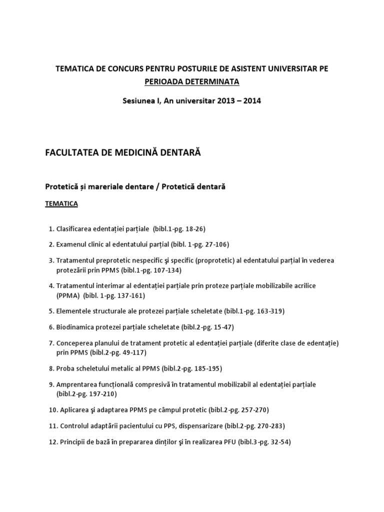 Tematica de Concurs Pentru Posturile de Asistent Universitar Pe Perioada Determinata ...