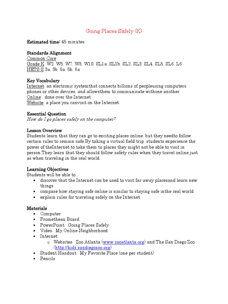Going Places Safely (K) Lesson Plans | PDF | Online And Offline | Internet