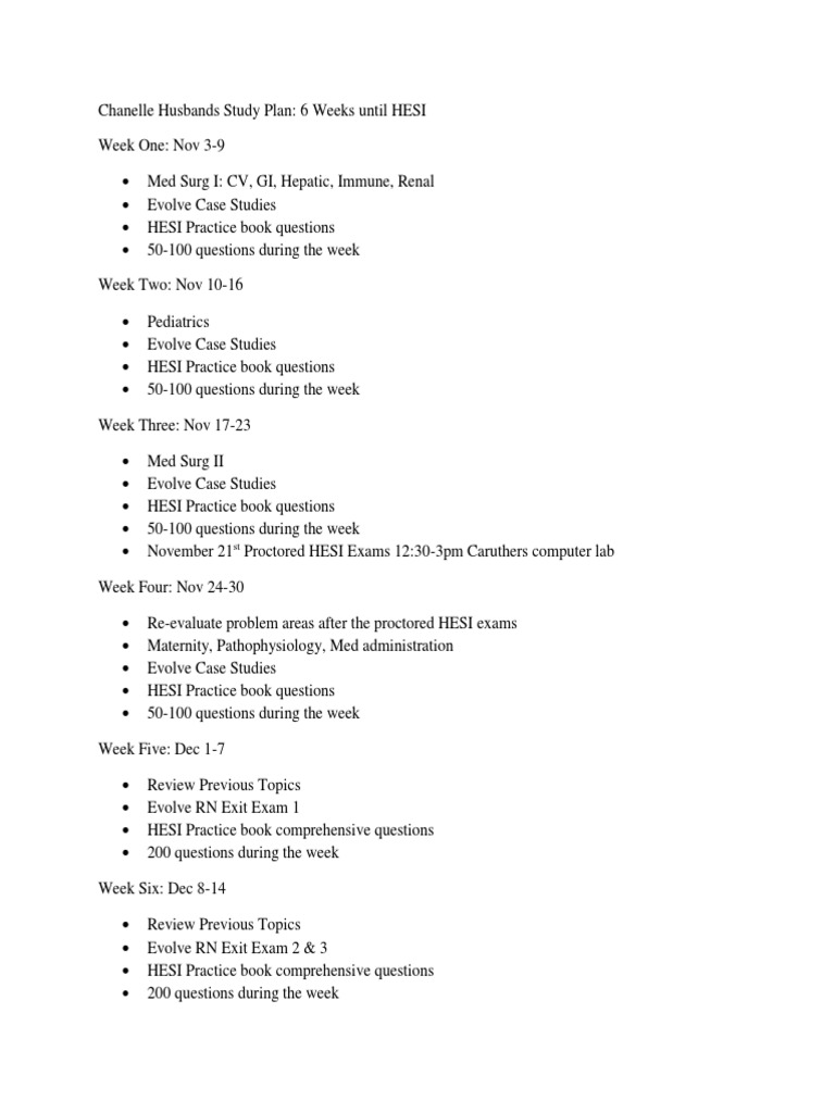 Hesi Nclex Study Plan | PDF | Medical Specialties