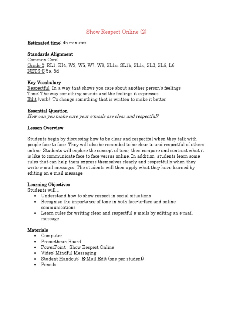 Show Respect Online (2) Lesson Plans | PDF | Email | Online And Offline