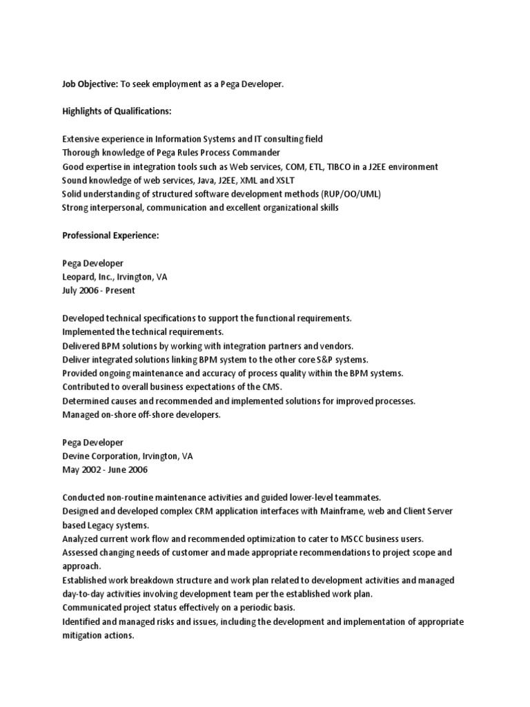 Pega Developer Resume Sample | PDF Pega Developer Resume Sample | PDF