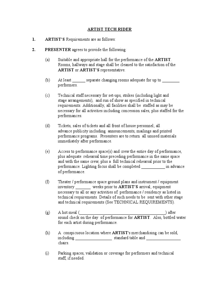 Artist Technical Rider Requirements | PDF | Microphone | Sound