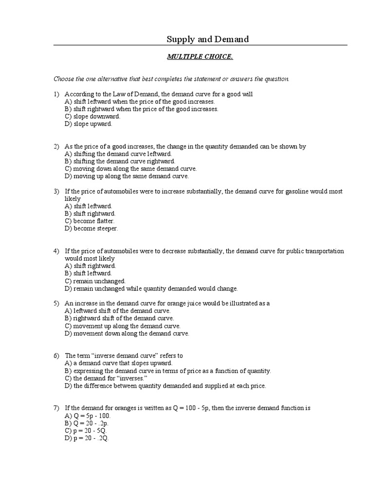 Supply and Demand MCQ and Problems | PDF | Demand Curve | Supply ...