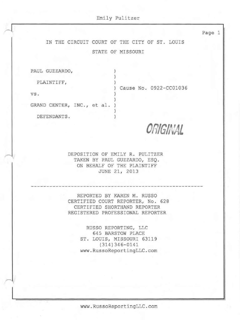 Emily Pulitzer Deposition Transcript 1 | PDF | Deposition (Law) | Lawsuit