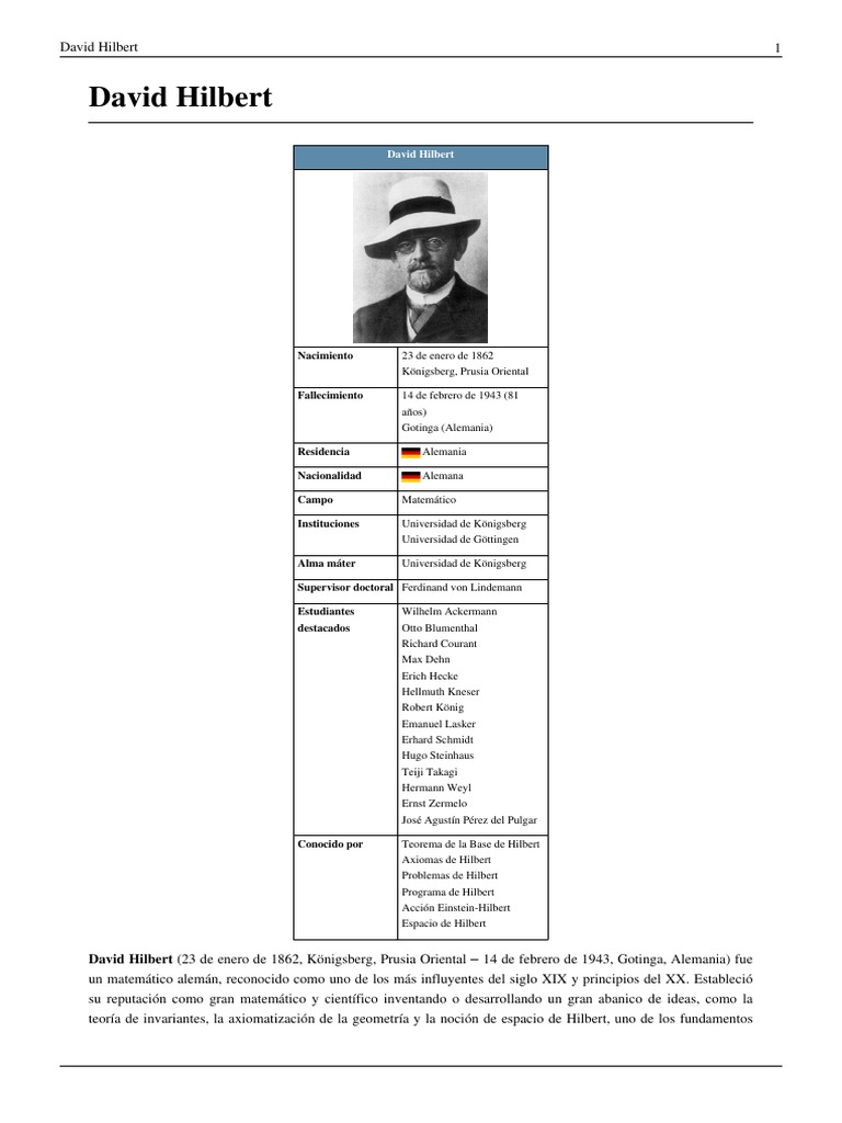 David Hilbert: Legado Matemático y Logros | PDF | Objetos matemáticos ...