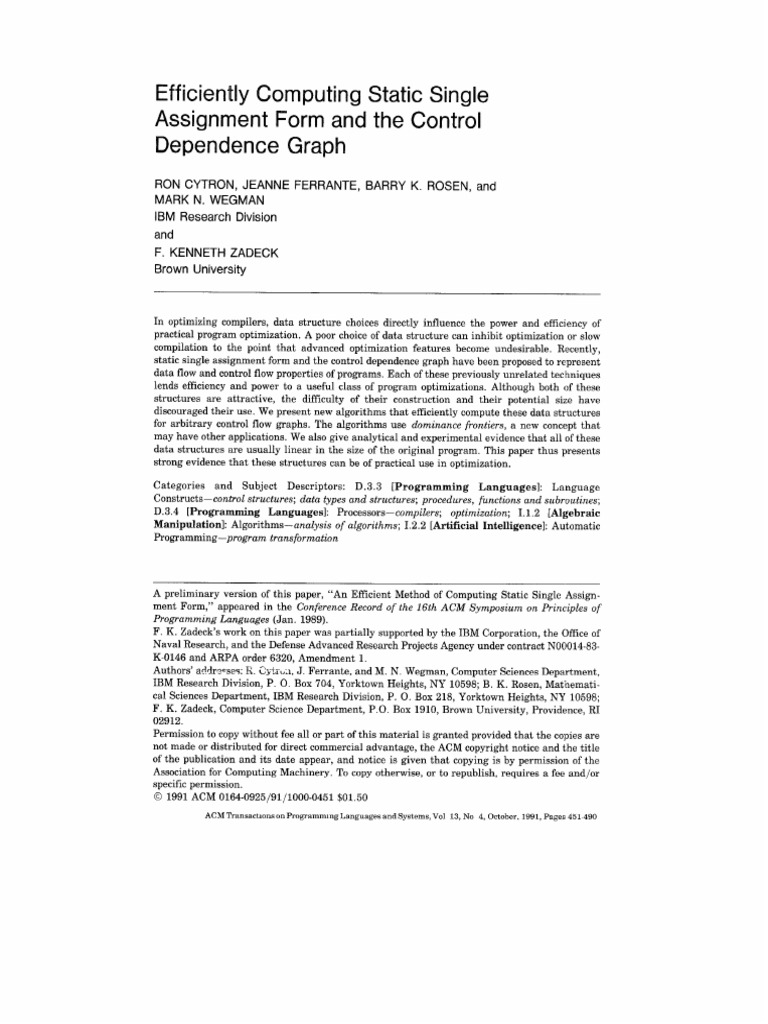 Efficiently Computing Static Single Assignment Form and The Control Dependence Graph | PDF ...