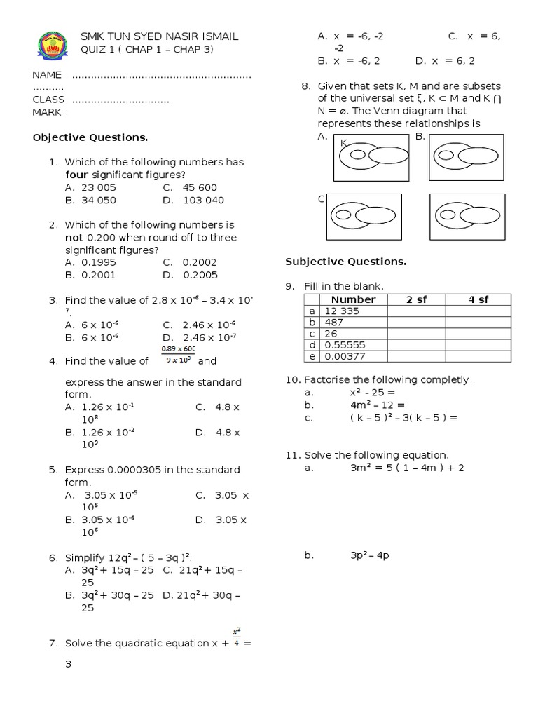 Quiz 1 Mathematics Form 4 | PDF
