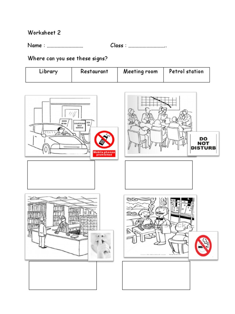 Worksheet 2 Name: Class: .. Where Can You See These Signs? Library ...