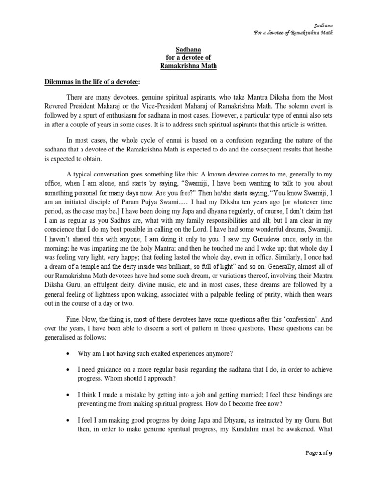 Sadhana For A Devotee of Ramakrishna Math | PDF | Sarada Devi | Ramakrishna