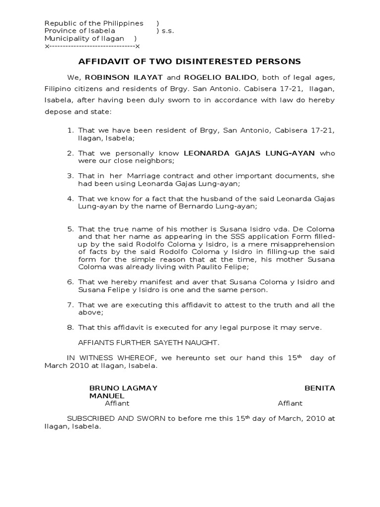 Sample Affidavit of Two Disinterested Persons | PDF | Civil Law (Common ...