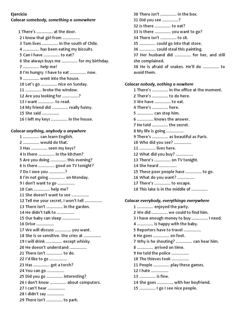 Ejercicio Colocar Somebody, Something o Somewhere | PDF | Leisure