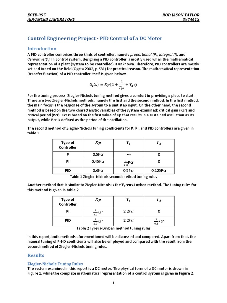 PID Control of a DC Motor Using Ziegler-Nichols and Fine Tuning Methods ...
